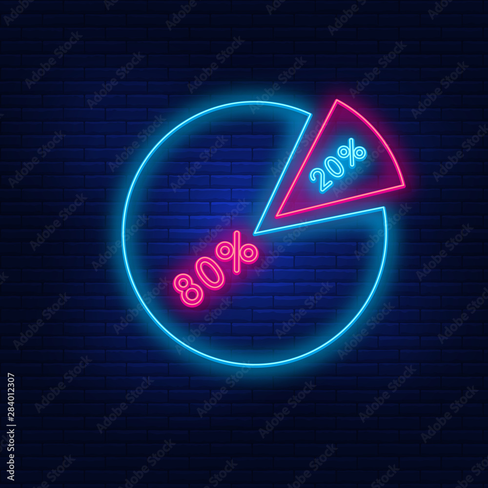 Neon light chart. Bright advertising 80% and 20%. Modern vector logo ...