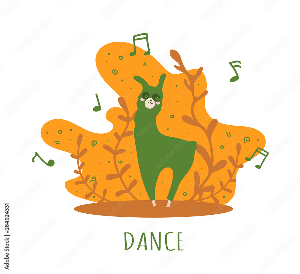 Green Llama in love with musical notes and many details. Cute alpaca ...