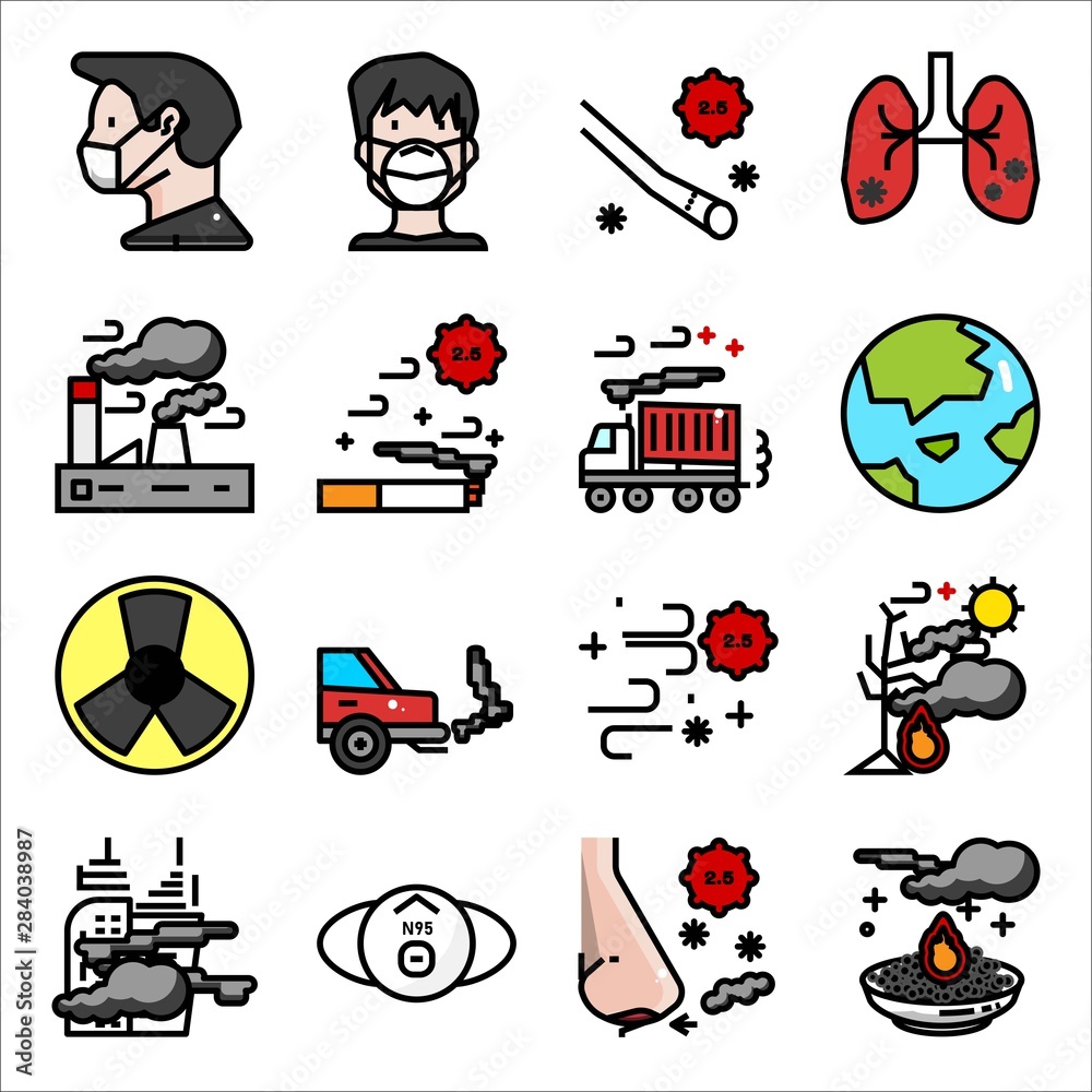 world air pollution pm2.5 icons set,smoke, dust, industry and more ...