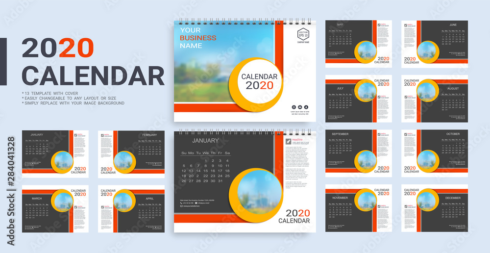 Desk Calendar 2020 template, 12 months and 13 template with cover ...