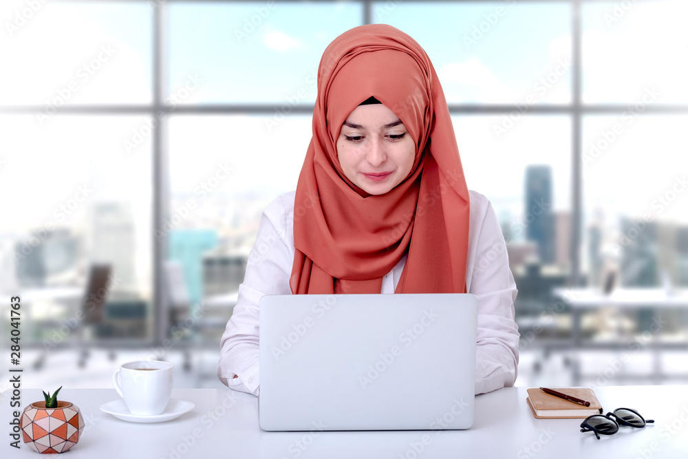 Muslim woman work with computer in office, hijab muslim girl in lab ...