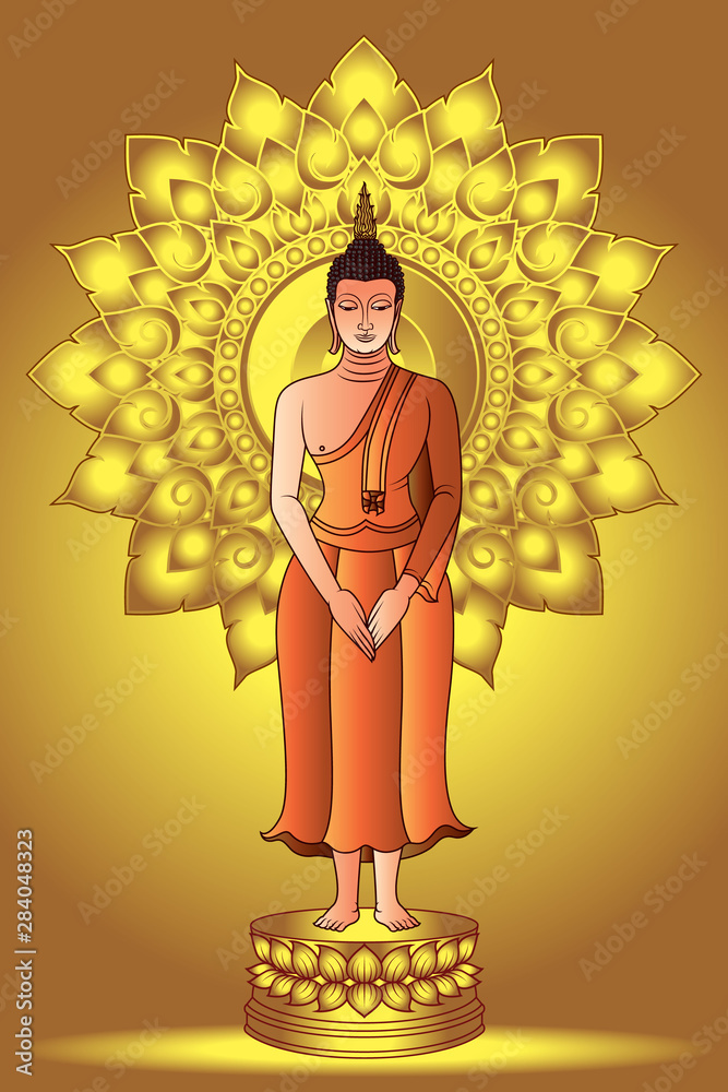 Buddha Siddhartha gautama standing on lotus with golden Dharma wheel ...