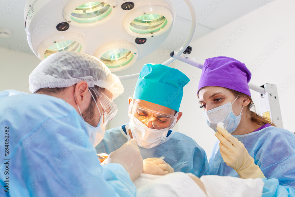 Baldness treatment. Hair transplant. Surgeons in the operating room ...