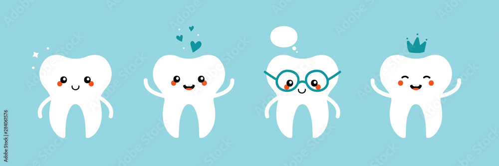 Set, collection of cartoon teeth characters, cute and smiling, doing ...