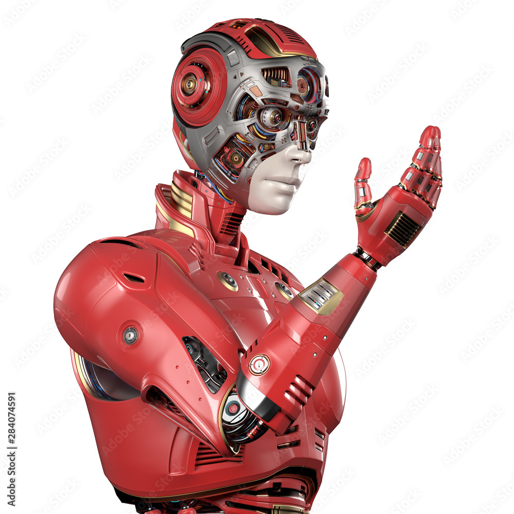 Very detailed cyborg or red android looking at his hand. The head has ...