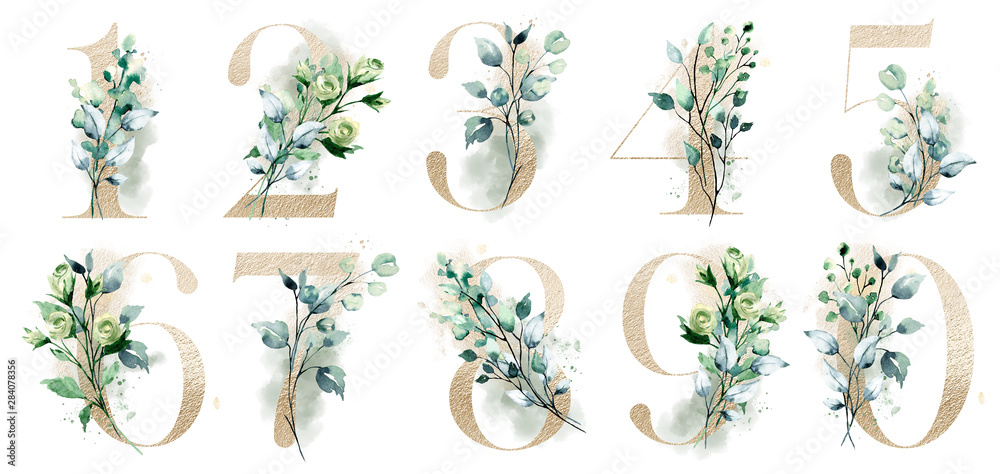 Gold number set with watercolor flowers roses and leaf. Perfectly for ...