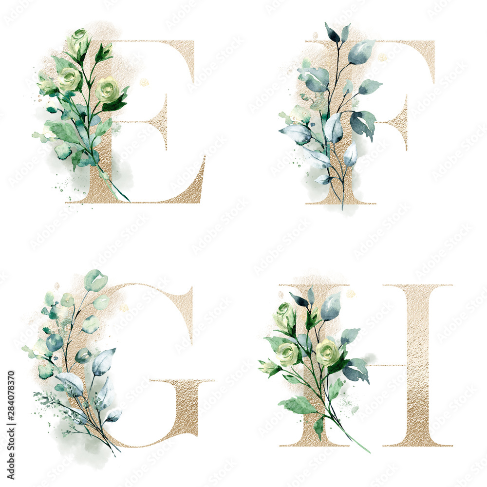 Floral alphabet, letters with watercolor flowers and leaf. Gold ...