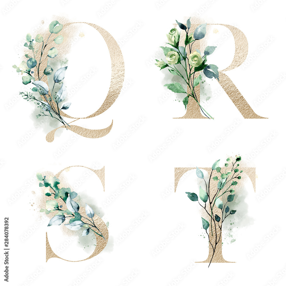 Floral alphabet, letters with watercolor flowers and leaf. Gold ...