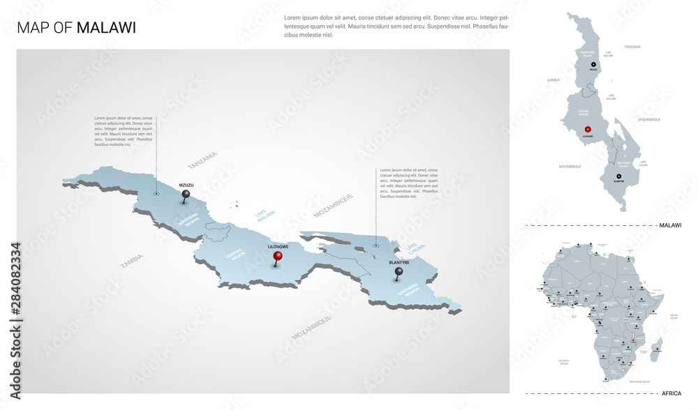 Vector set of Malawi country. Isometric 3d map, Malawi map, Africa map ...