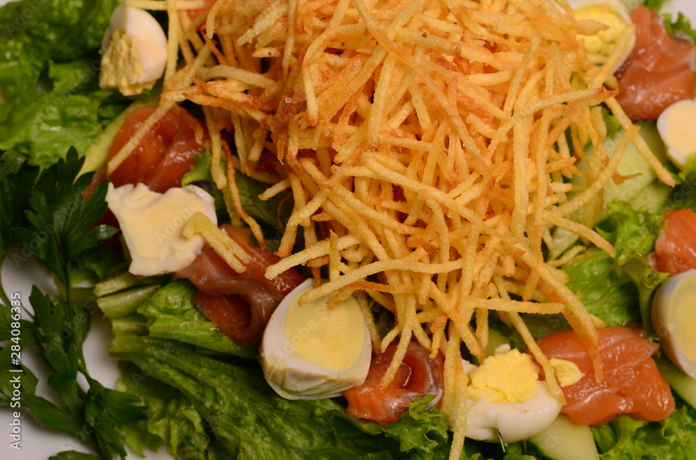 Ethical vegetarian or vegan meal. Boiled quail eggs in a spiralized ...