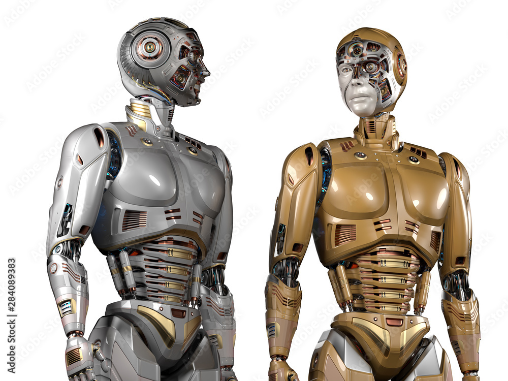 Two futuristic robot models or cyborgs standing and looking at each other or a couple of very ...