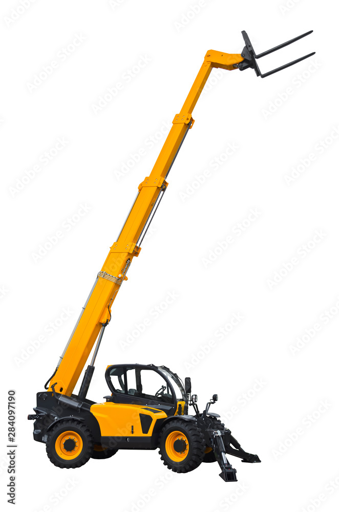 A telescopic handler, also called a telehandler isolated on a white ...