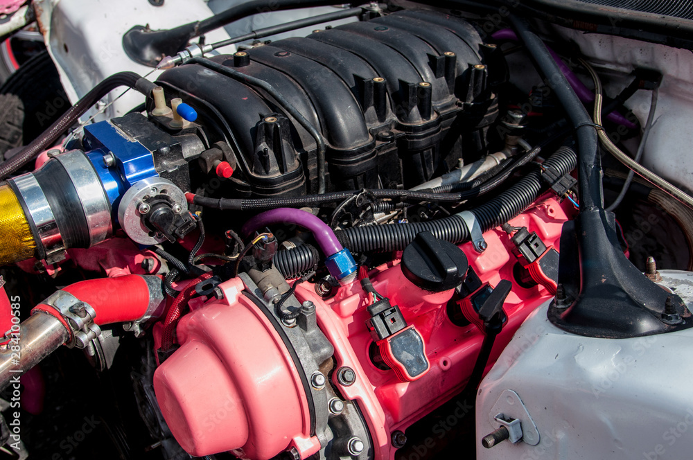 sports car engine, check the motor before the trip. under the hood ...