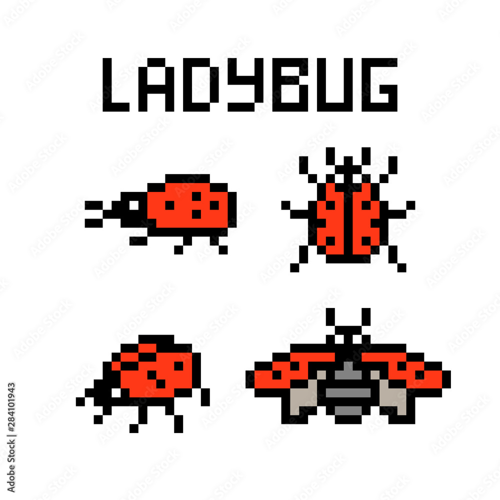 Set of 4 ladybug pixel art icons isolated on white background. 8 bit ...