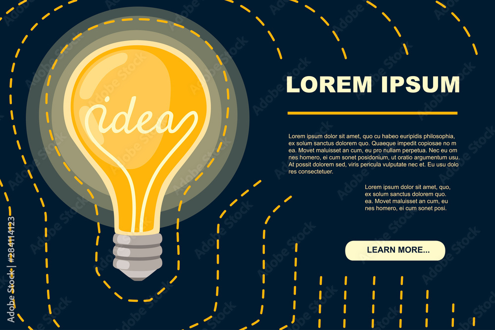 Flat cartoon incandescent lamp yellow retro light bulb with IDEA ...