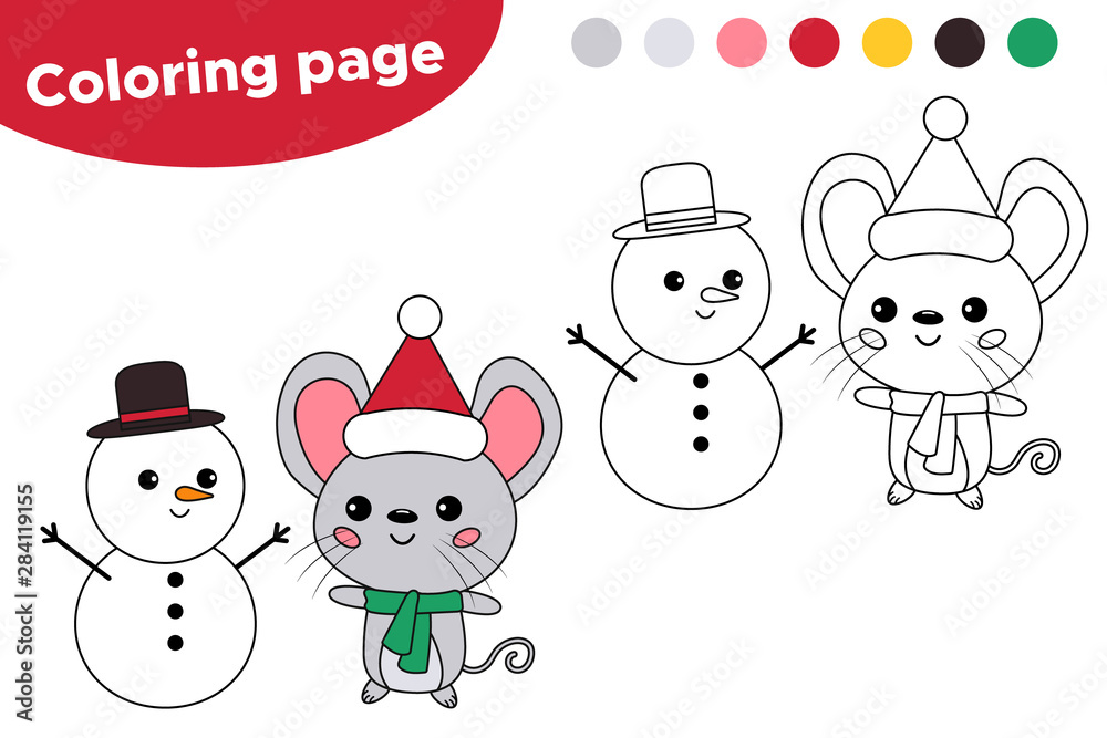 Cute kawaii mouse make a snowman. Vector winter illustration. Coloring ...