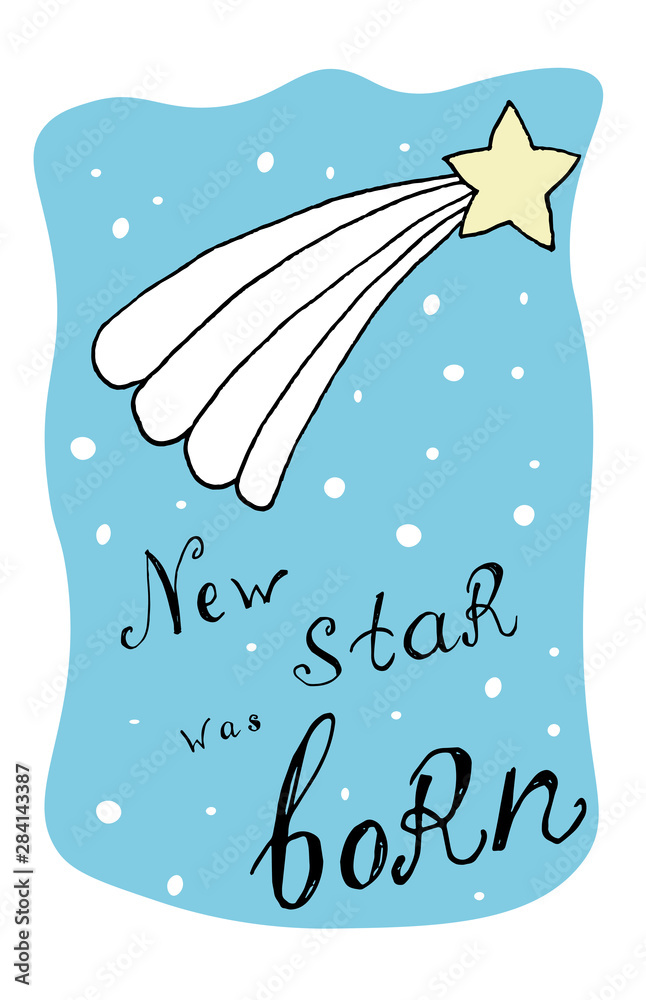 Greeting card in blue for new born star at baby shower. Simple sketch ...