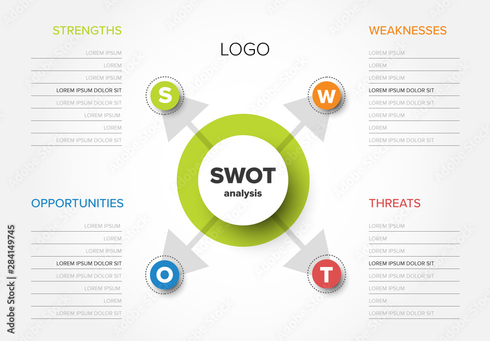 SWOT Project Analysis Layout with Arrows Stock Template | Adobe Stock