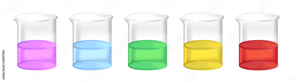 Vector set of chemical beakers with liquid fluids – water, acid ...