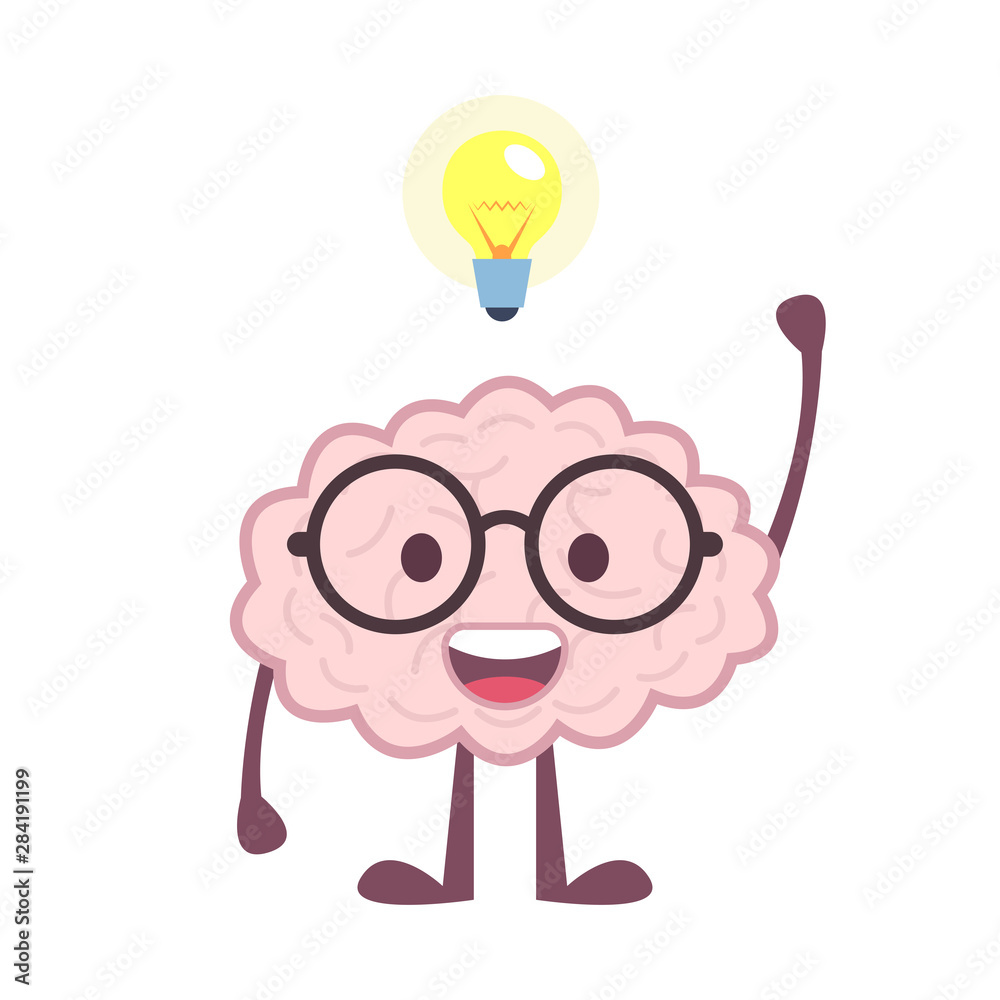 Cartoon brain character with lightbulb. Having an idea concept. Vector ...