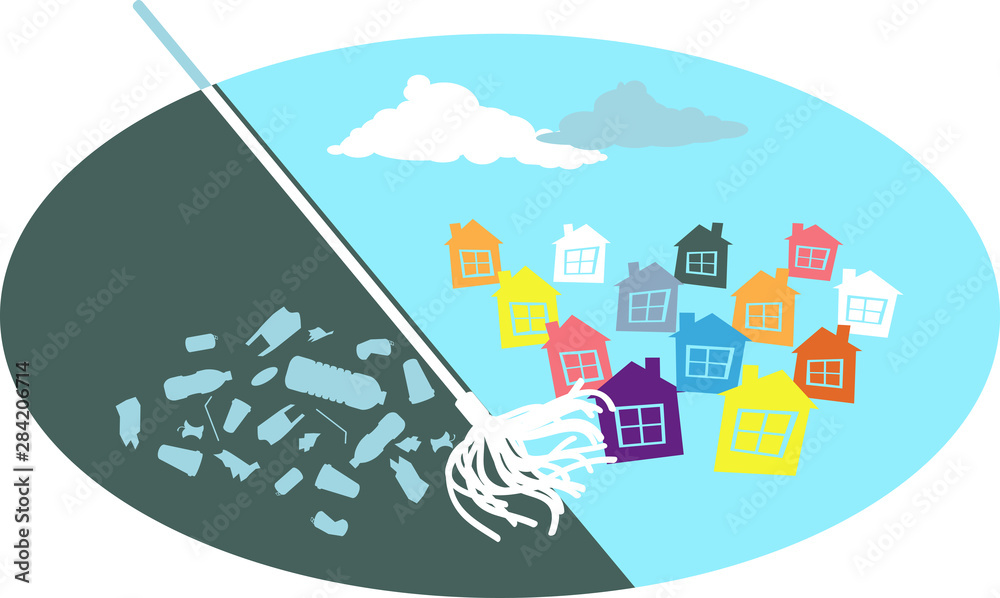 Broom, swiping trash away from a neighborhood, as a symbol for a ...