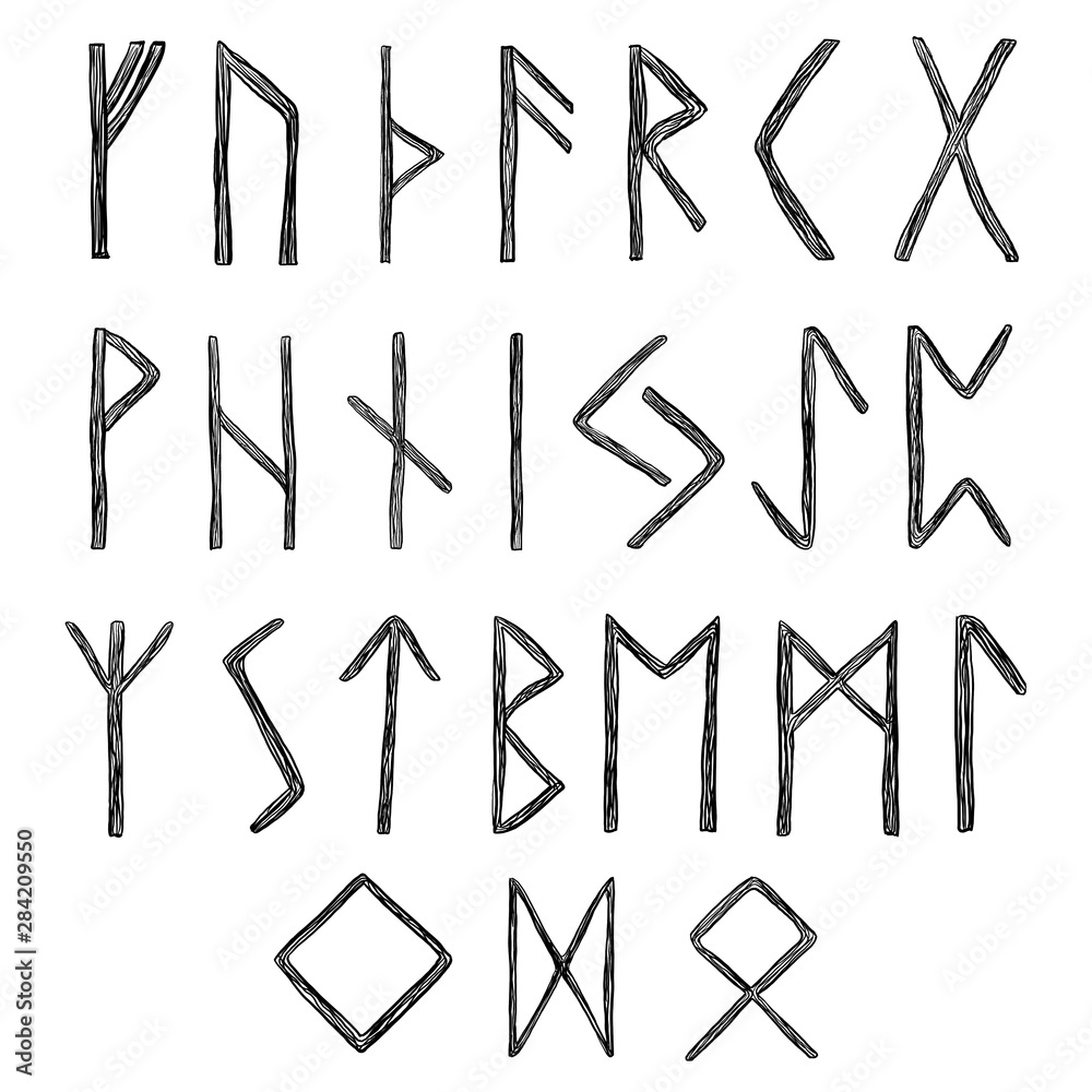 Ethnic runic font in wooden style. 24 runes, ABC hand drawn letters ...