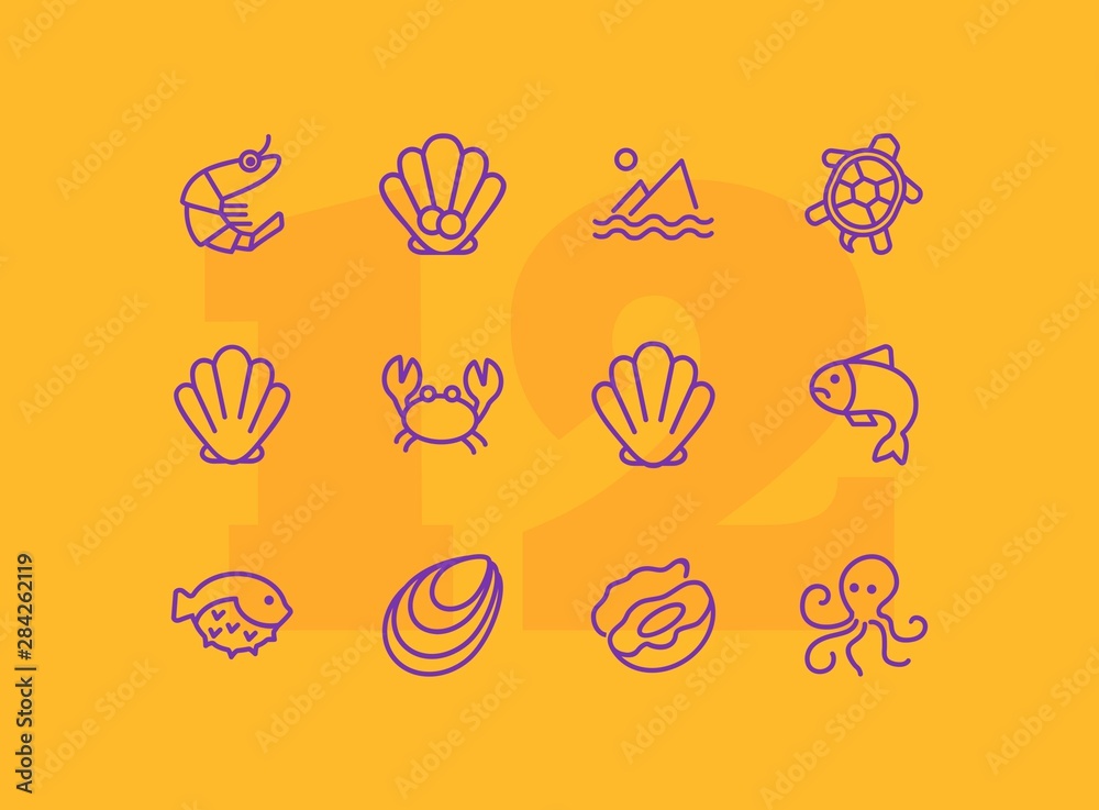 Seafood line icon set. Shrimp, seashell, turtle. Food concept. Can be ...