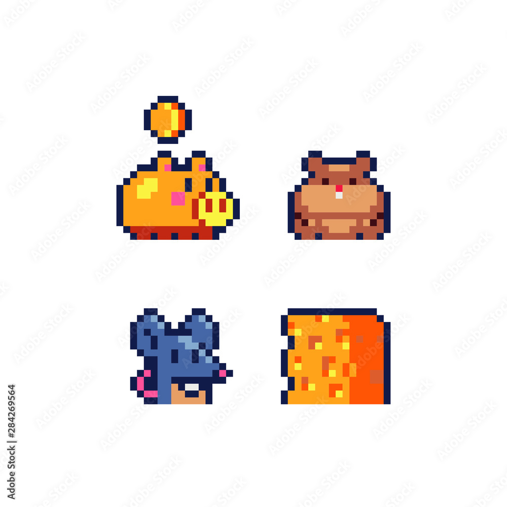 Cute animals pixel art icons set mouse and cheese, hamster, piggy bank ...