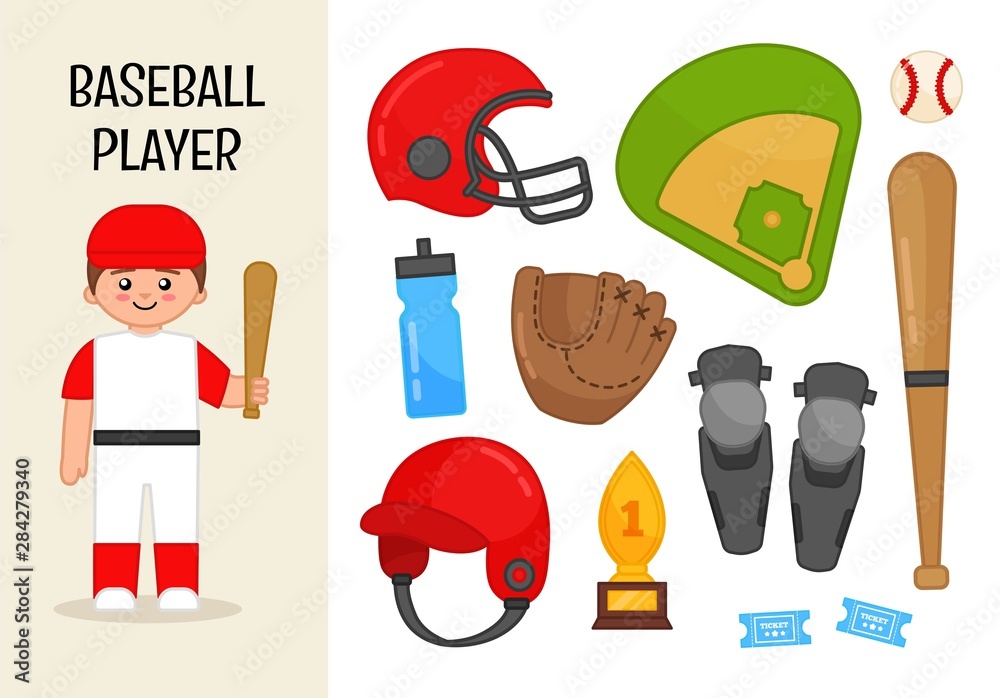 Vector character baseball player. Illustrations of baseball equipment ...