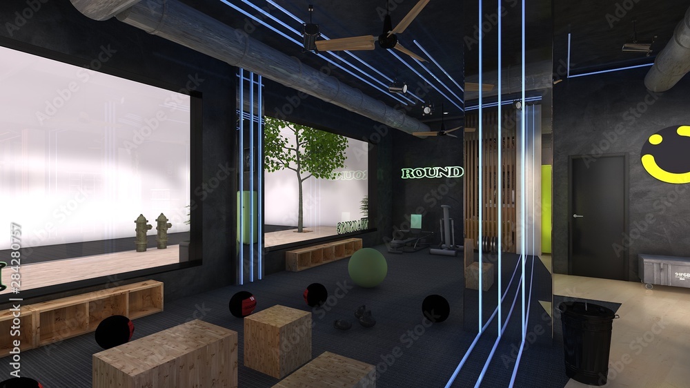 PROYECTO LOCAL COMERCIAL . GIMNASIO. RENDER 3D Stock Illustration | Adobe Stock