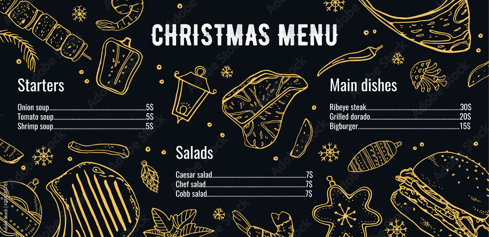 Christmas menu design template. Composition with New Year decorations ...