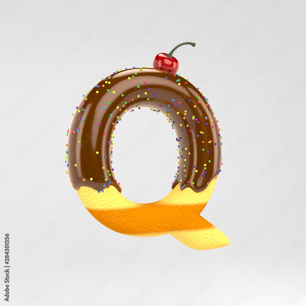 Letter Q uppercase. Cake font with chocolate, sprinkles and cherry on ...