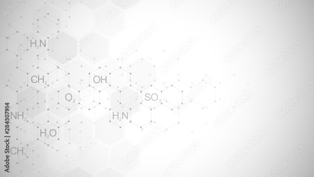 Abstract chemistry pattern on soft grey background with chemical ...