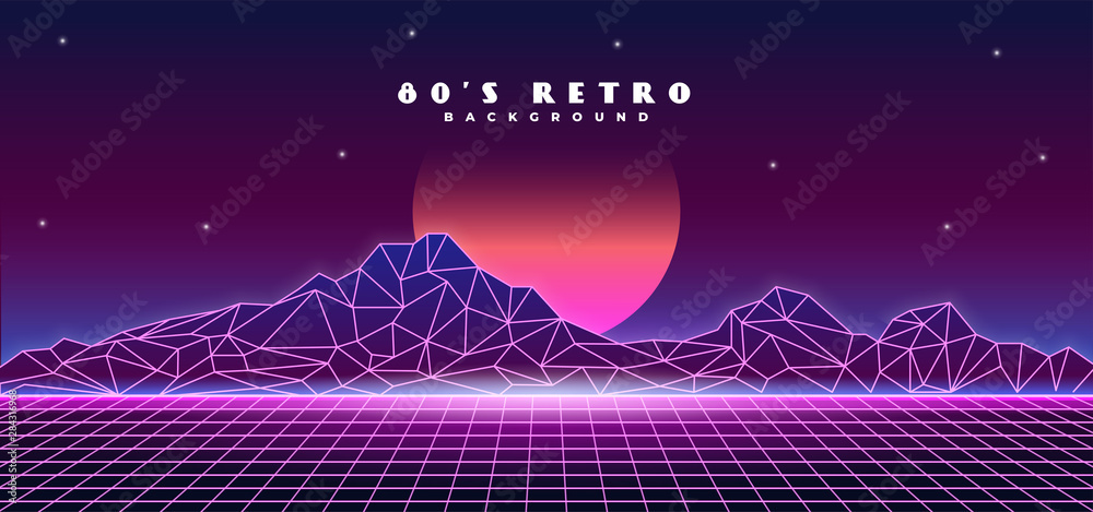 Retro futuristic 1980s style mountain landscape big sun planet ...
