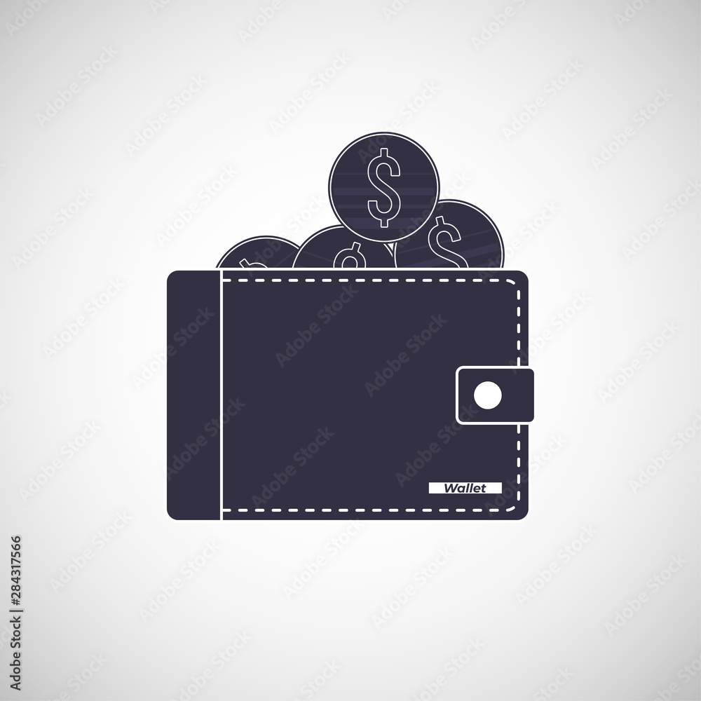 Money wallet with dollar coins or cash icon. Black flat purse pay sign ...