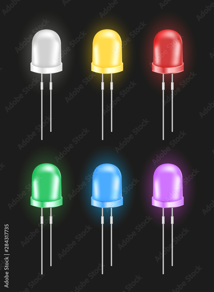 Vector set of realistic 3d light emitting diodes. Shining eco white ...