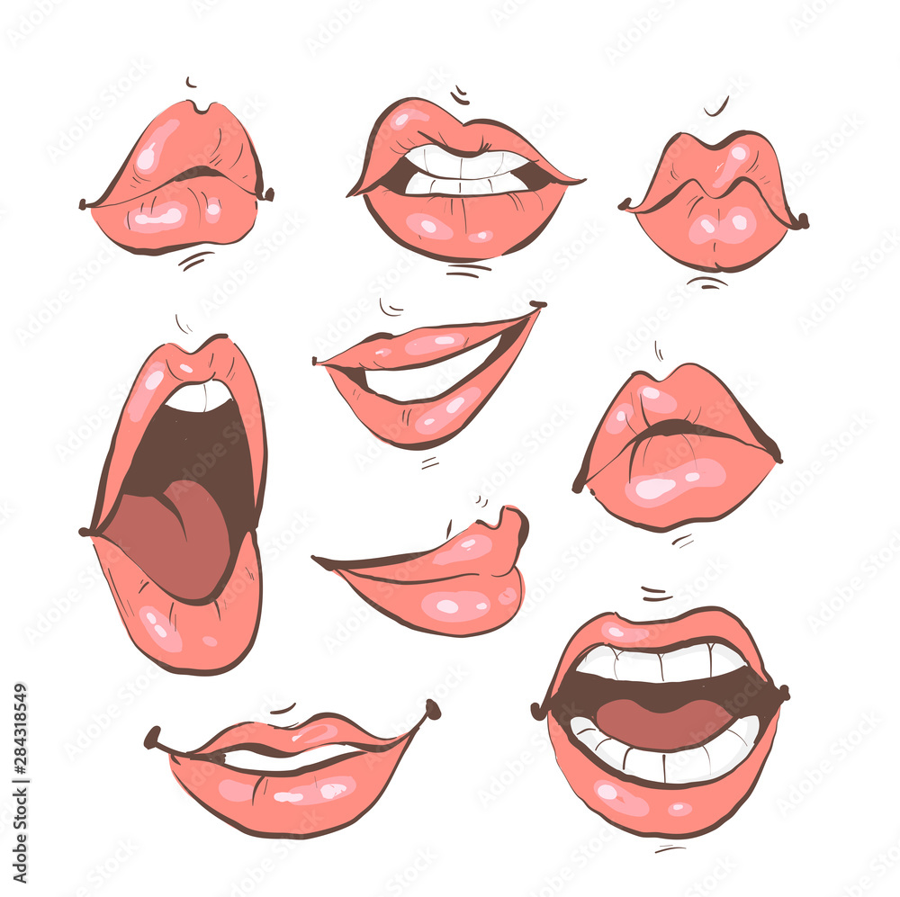 Lips collection set showing different emotions. Hand drawn mouth vector ...