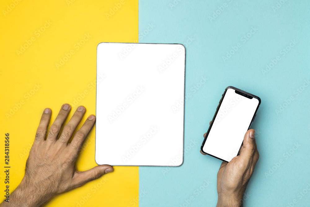 Top view mockup devices with colourful background Stock Photo | Adobe Stock