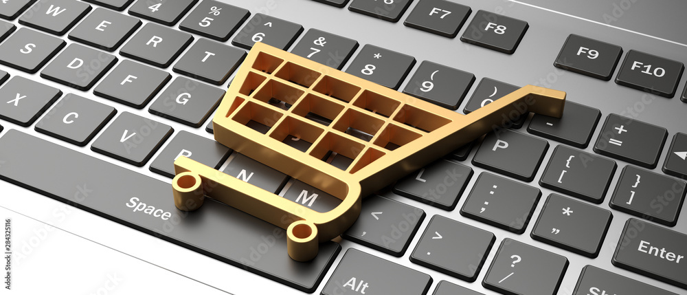 e-commerce symbol on a computer keyboard, black friday concept. 3d ...