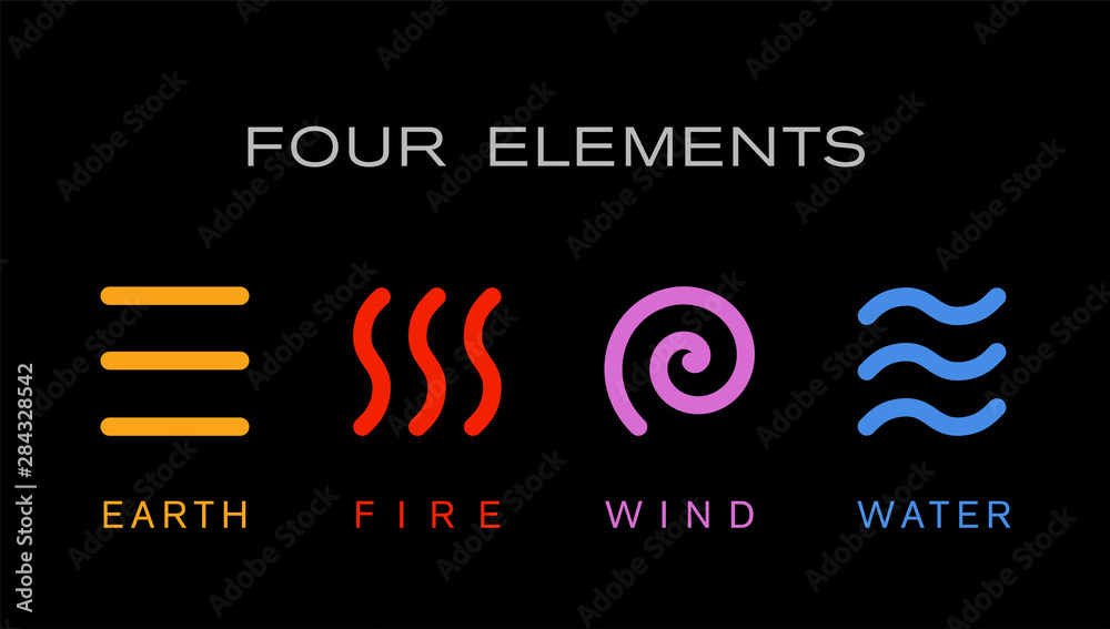 Four elements simple line symbol. Vector logo template. Wind, fire ...
