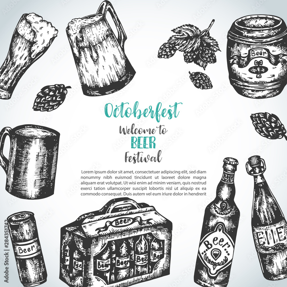 Beer hand drawn illustration Background with vintage brewery sketched ...