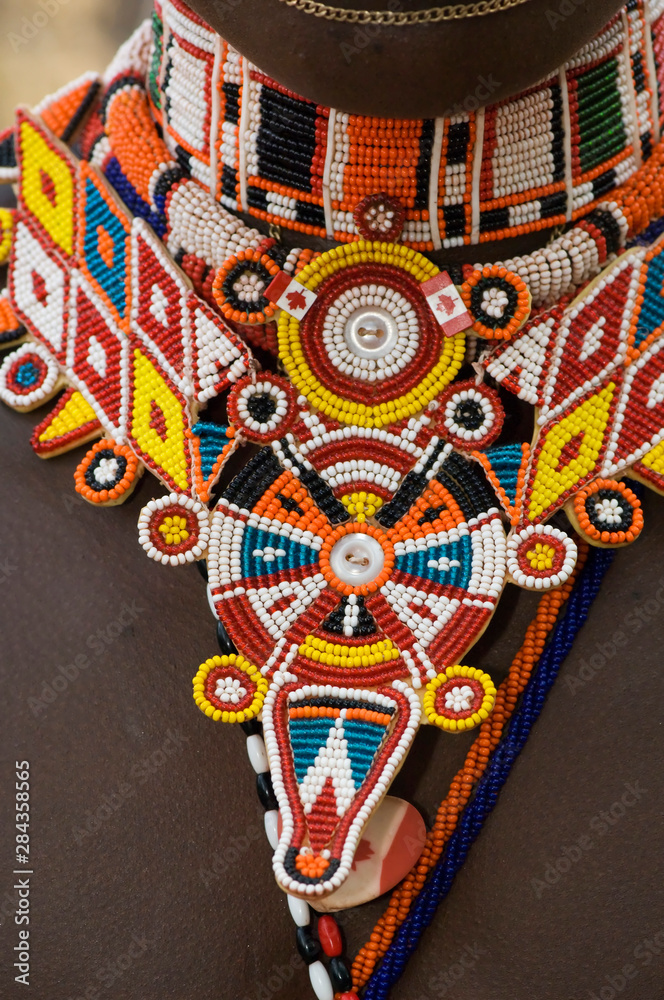 Kenya, Samburu National Reserve. Close-up of traditional beaded ...