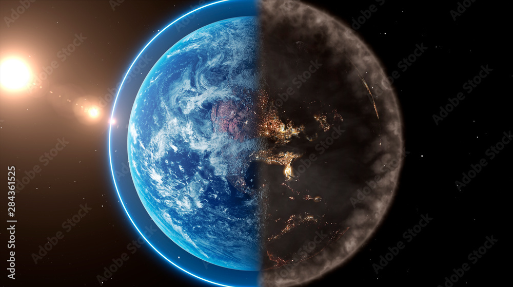 Conceptual planet earth with one half surrounded by pollution and the ...