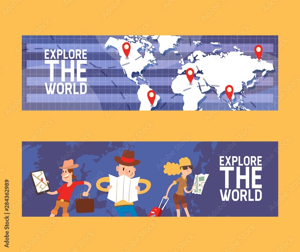 Explore world set of banners vector illustration. Globe with locations ...