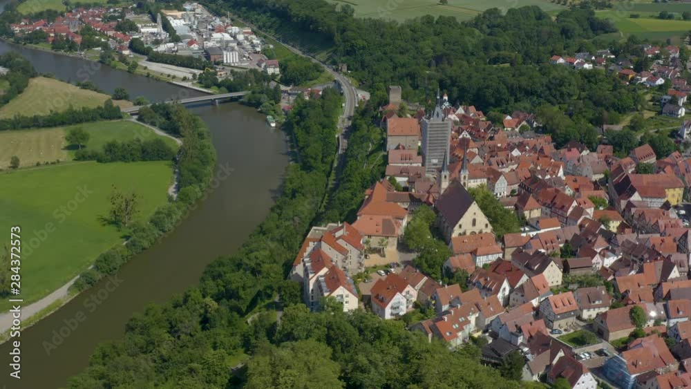Aerial view of the city Bad Wimpfen in Germany. Pan to the right above ...