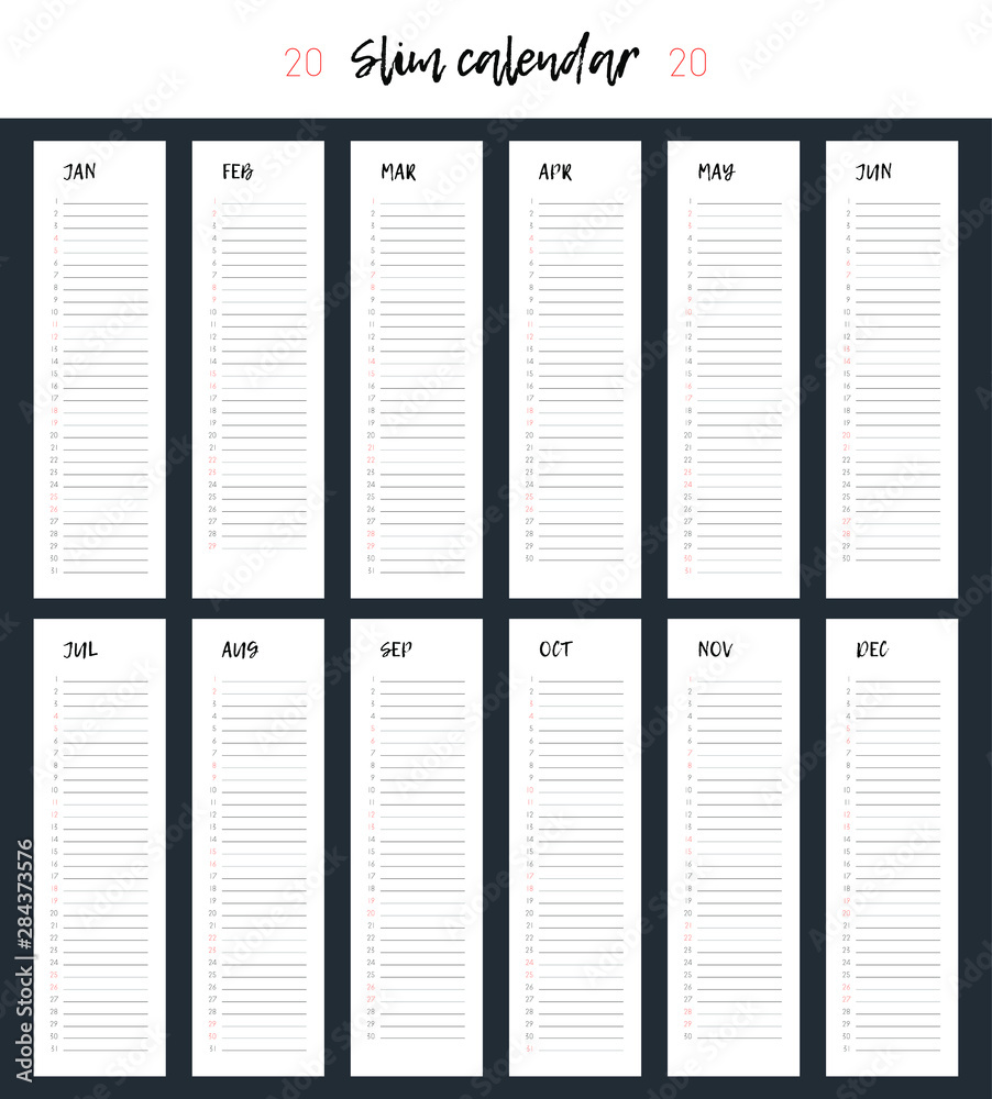 Vector Calendar 2020 design. Printable template - Slim Calendar year ...