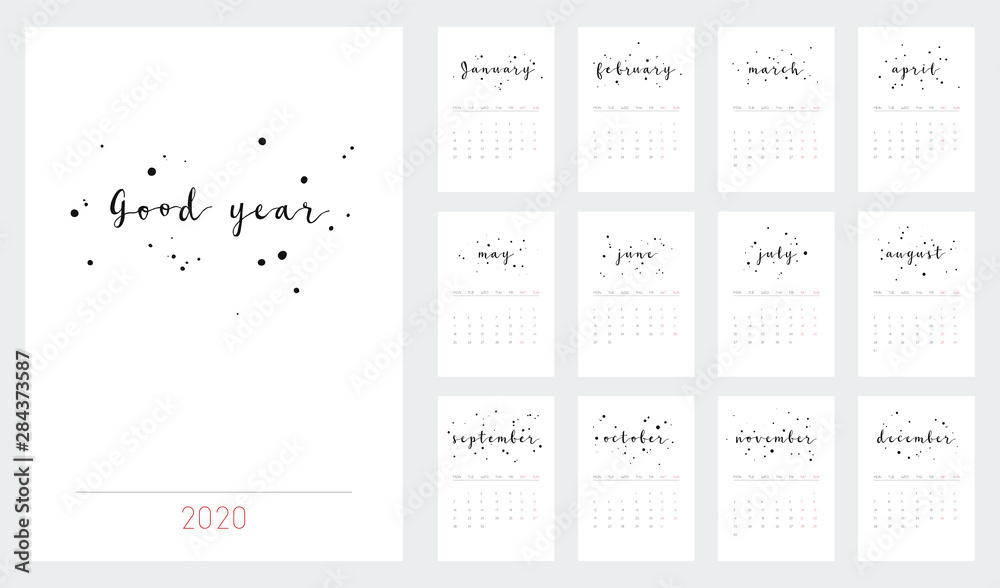 Good Year beautiful monthly Calendar for 2020 Year. Printable and ready ...