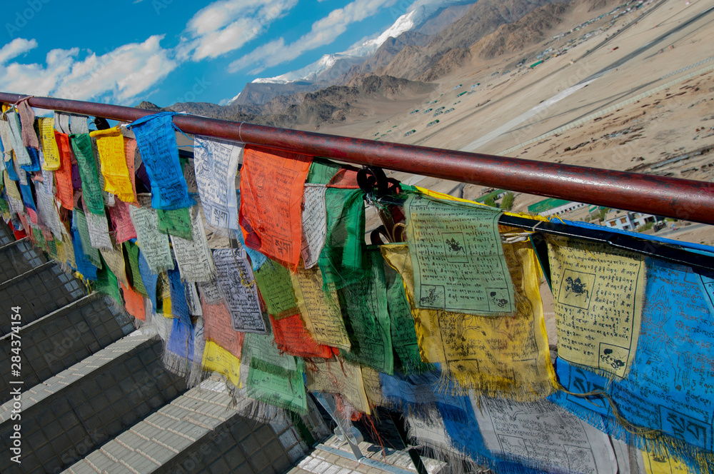 India, Jammu & Kashmir, Ladakh, Leh, capital of Ladakh prayer flags ...