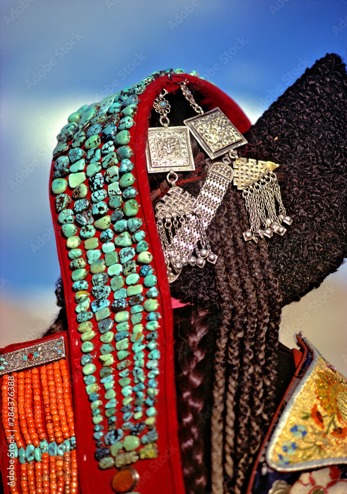 Asia, India, Ladakh, Leh. The traditional headdress of the Ladakhi ...
