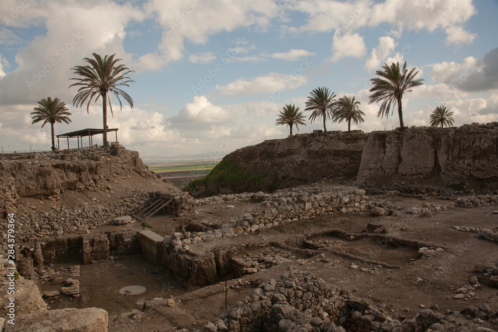 Palm trees grace the hill top fortress site of the Tel Megiddo built by ...